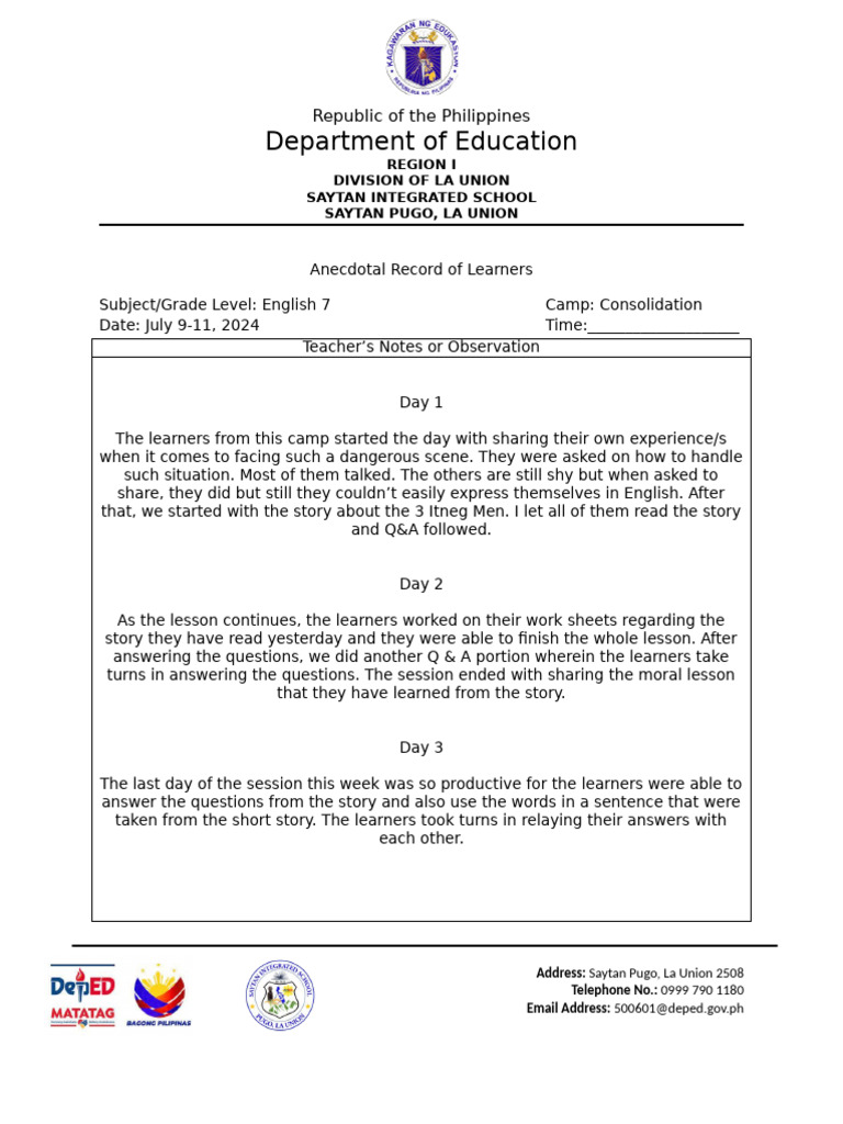 Anecdotal Conso Grade 7 Week 2 | PDF | Learning