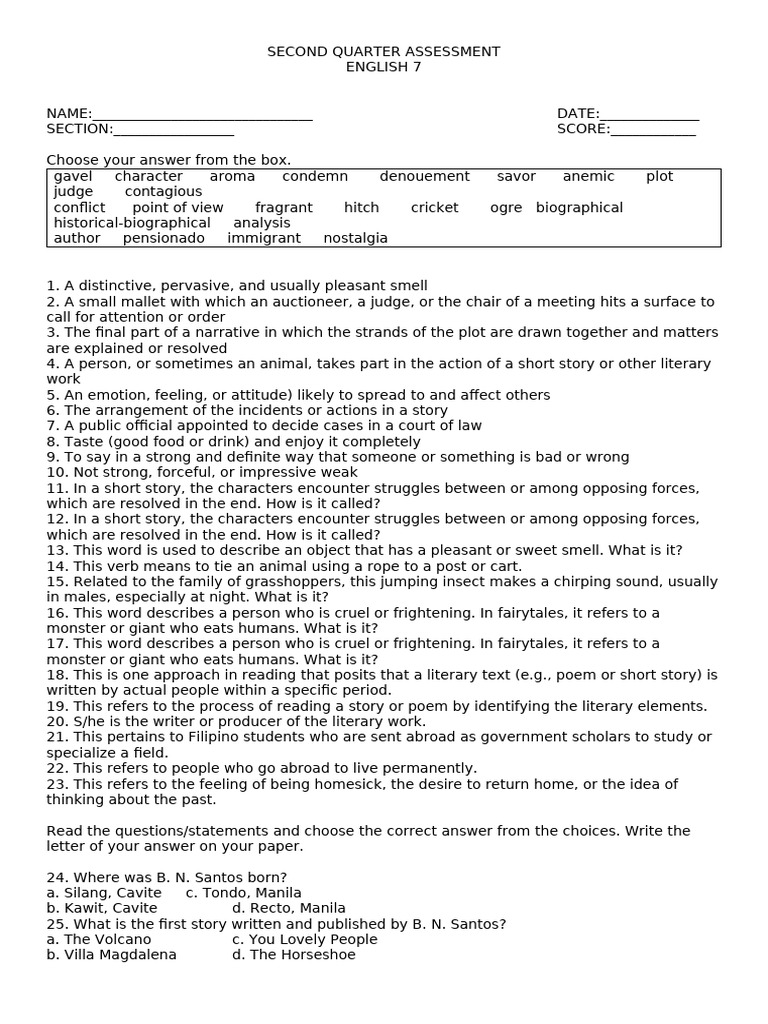 English 7 Second Quarter Assessment | PDF