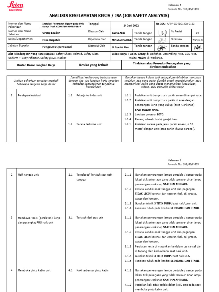 JSA Instalasi Perangkat FMS pada Unit Dump Truck KOMATSU 785-5&-7 | PDF