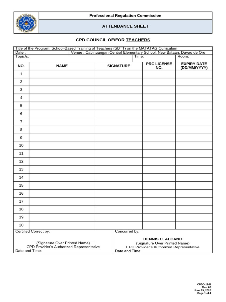 Cpdd-12-B-Prc-Attendance Sheet-To Be Filled Out Daily 1 Copy Only | PDF | Learning