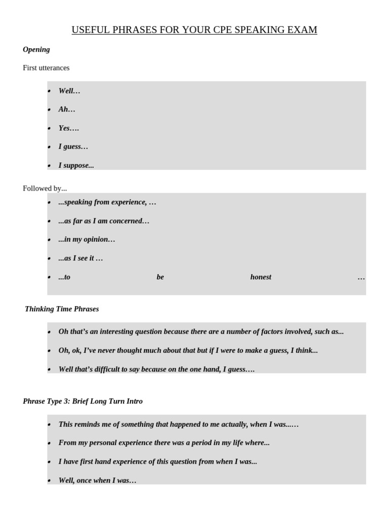 Useful Phrases For Your Cpe Speaking Exam | PDF