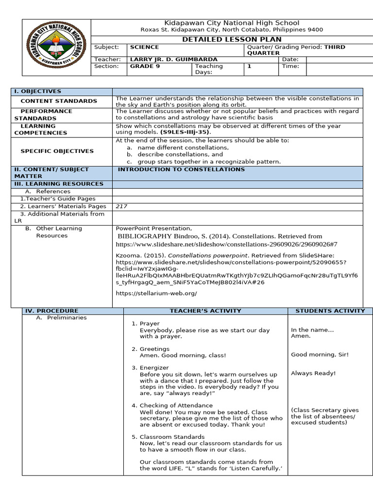 S9-3-Constellations Lesson 2 LP | PDF | Constellation | Stars