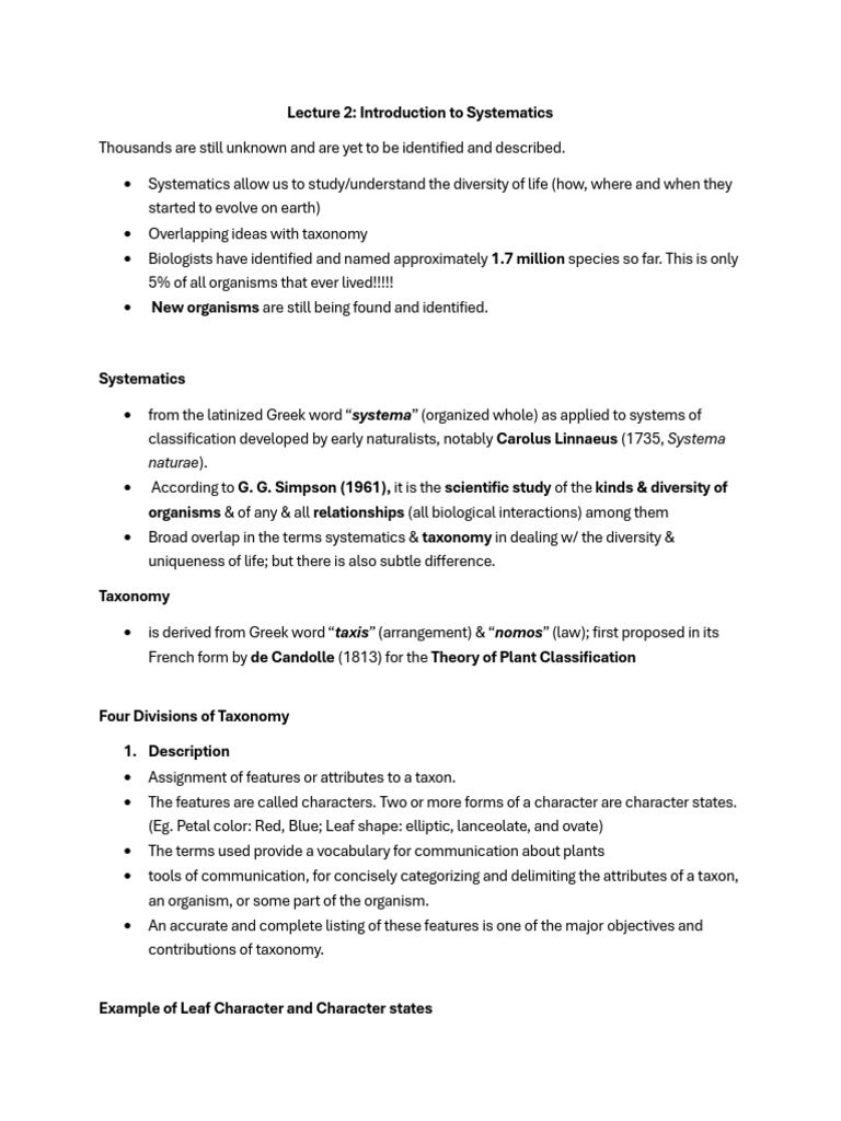 Lecture-Note-2_Intro-to-Systematics | PDF | Taxonomy (Biology) | Species