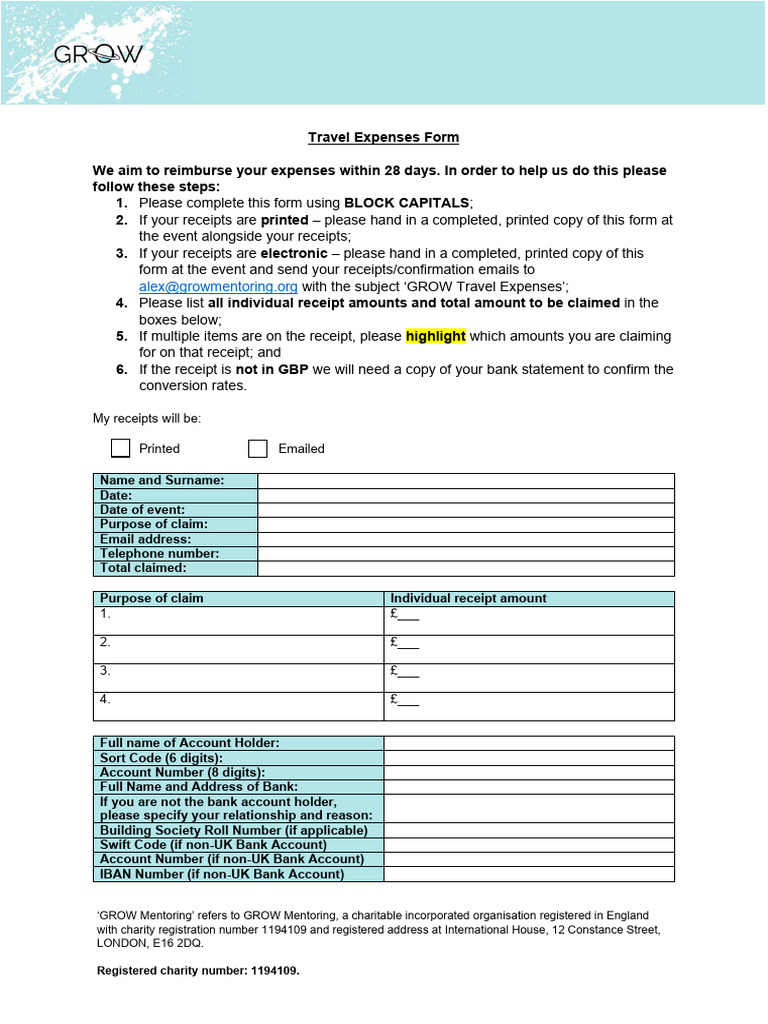 GROW Mentoring - Travel Expenses Form (Fillable) | PDF