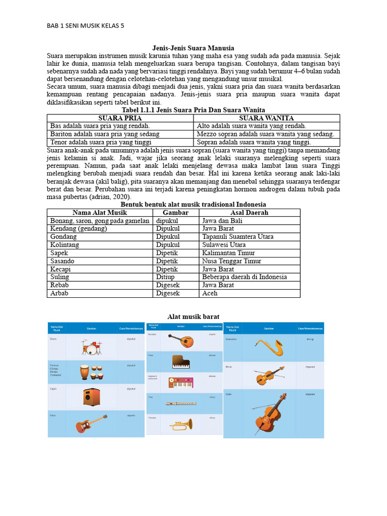 Jenis Suara Manusia dalam Musik Kelas 5 | PDF