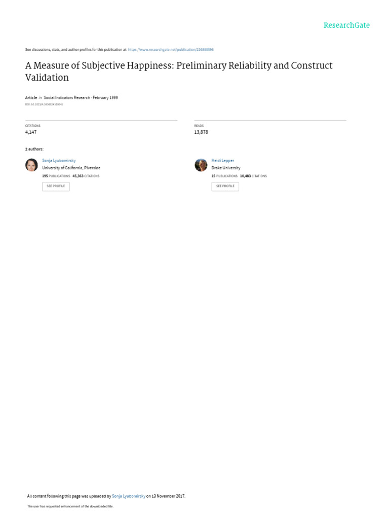 A Measure of Subjective Happiness Preliminary Reli | PDF | Affect ...