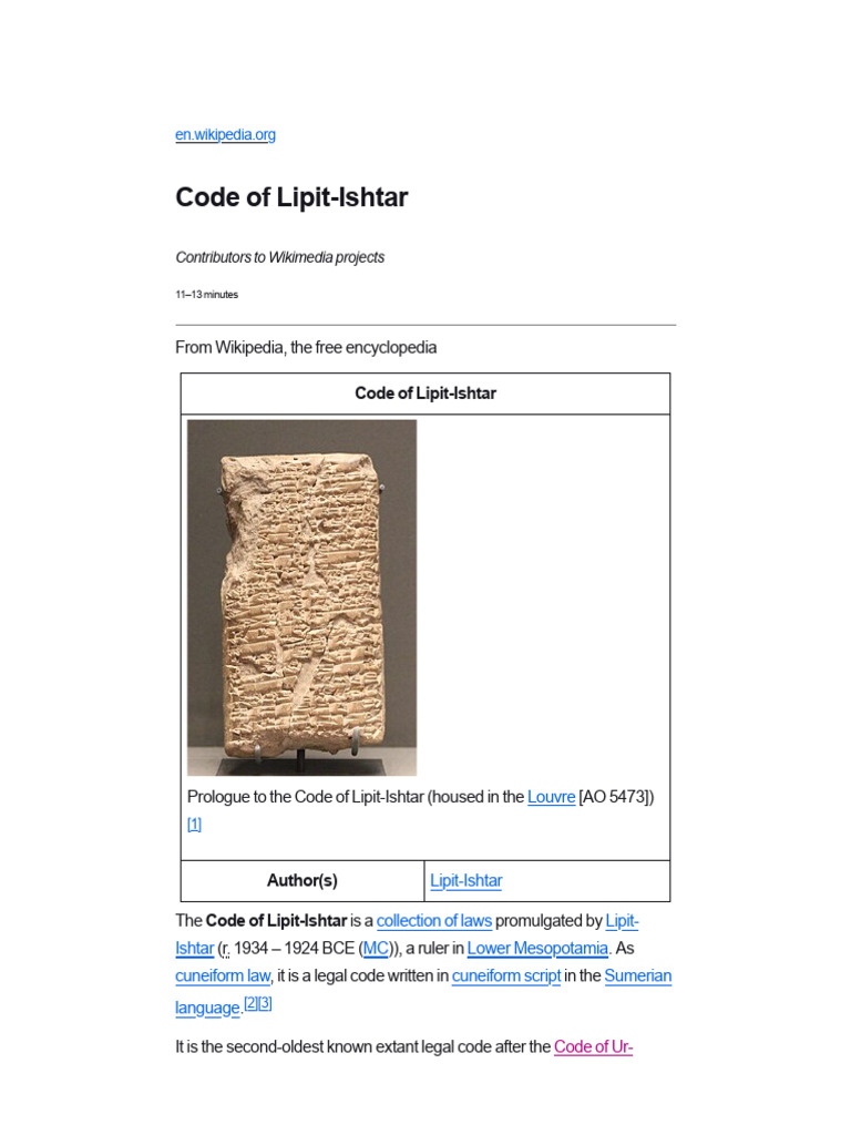 Code of Lipit-Ishtar - Wikipedia | PDF