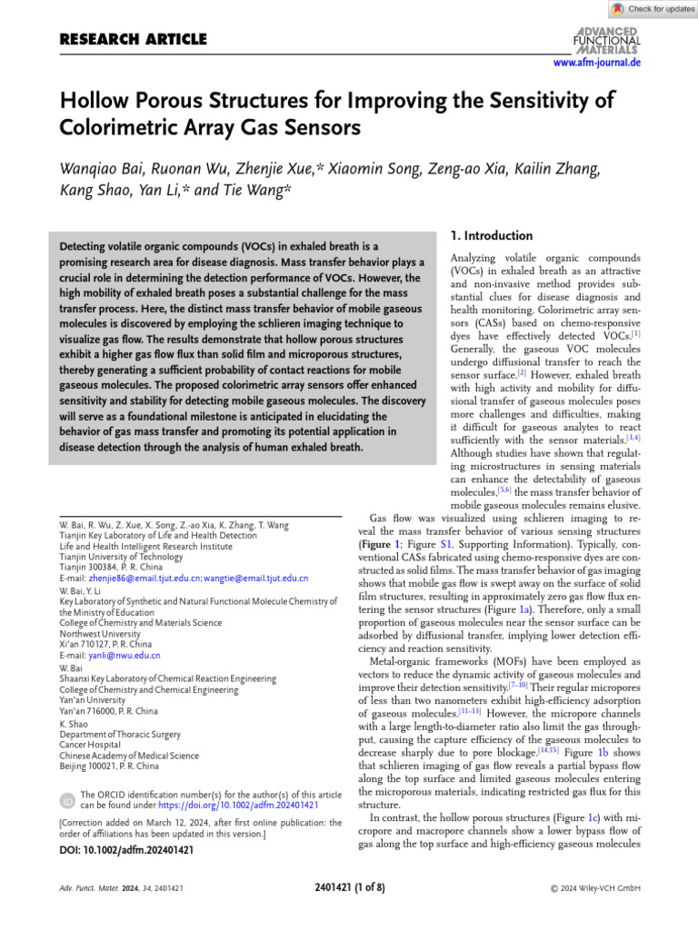 Adv Funct Materials - 2024 - Bai - Hollow Porous Structures For Improving The Sensitivity of ...