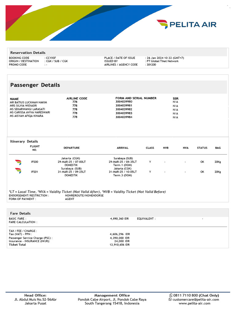 Rincian Tiket dan Kebijakan Pelita Air | PDF