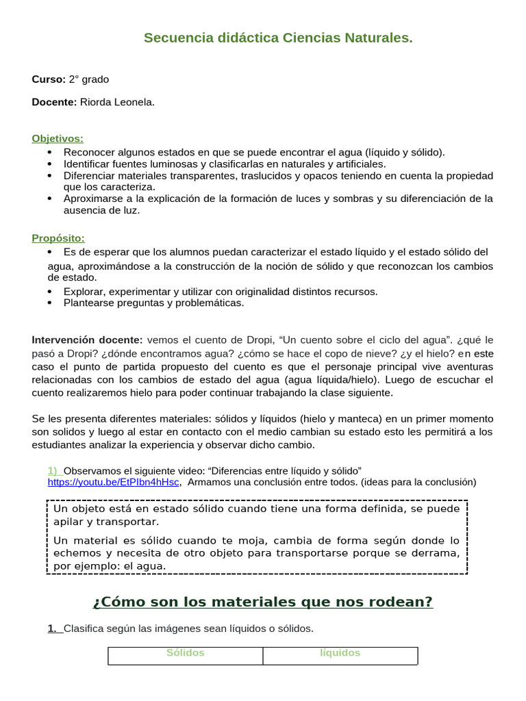 Secuencia Ciencias Naturales Segundo Grado | PDF | Sombra | Agua