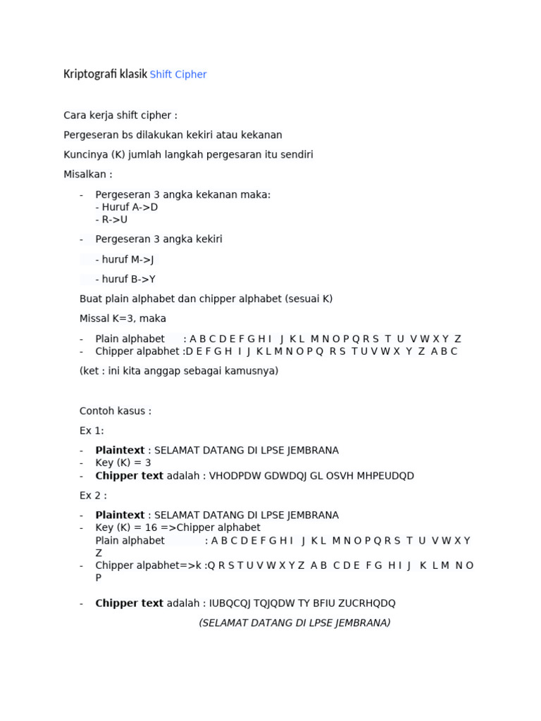 Belajar Kriptografi Klasik Shift Cipher | PDF