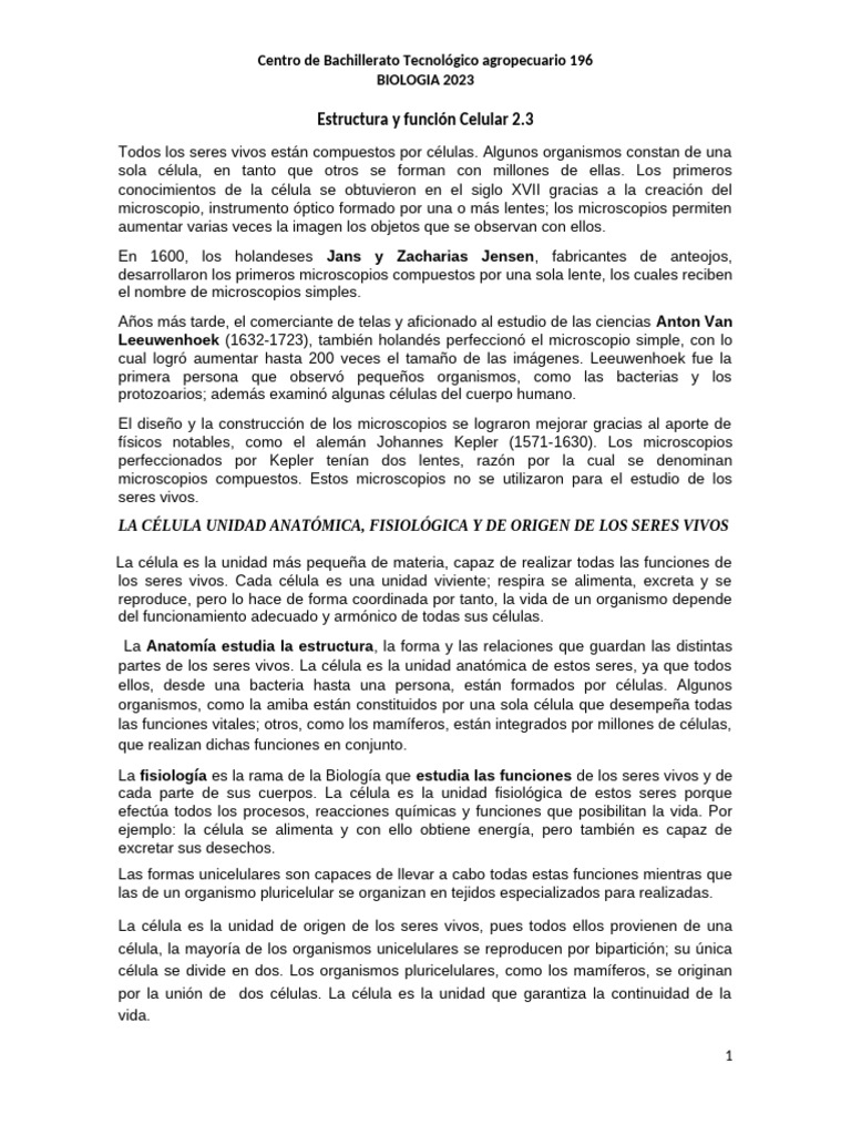 Estructura y Función Celular en Biología | PDF | Biología Celular ...