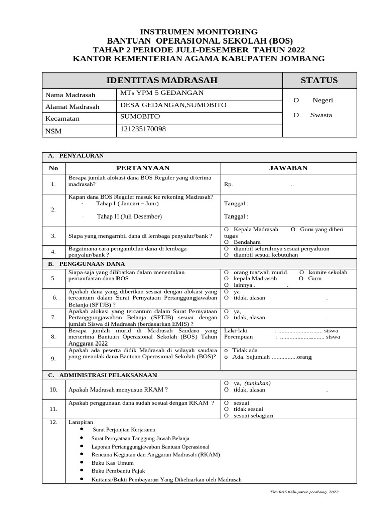 Instrumen Monitoring BOS 2022 11 | PDF
