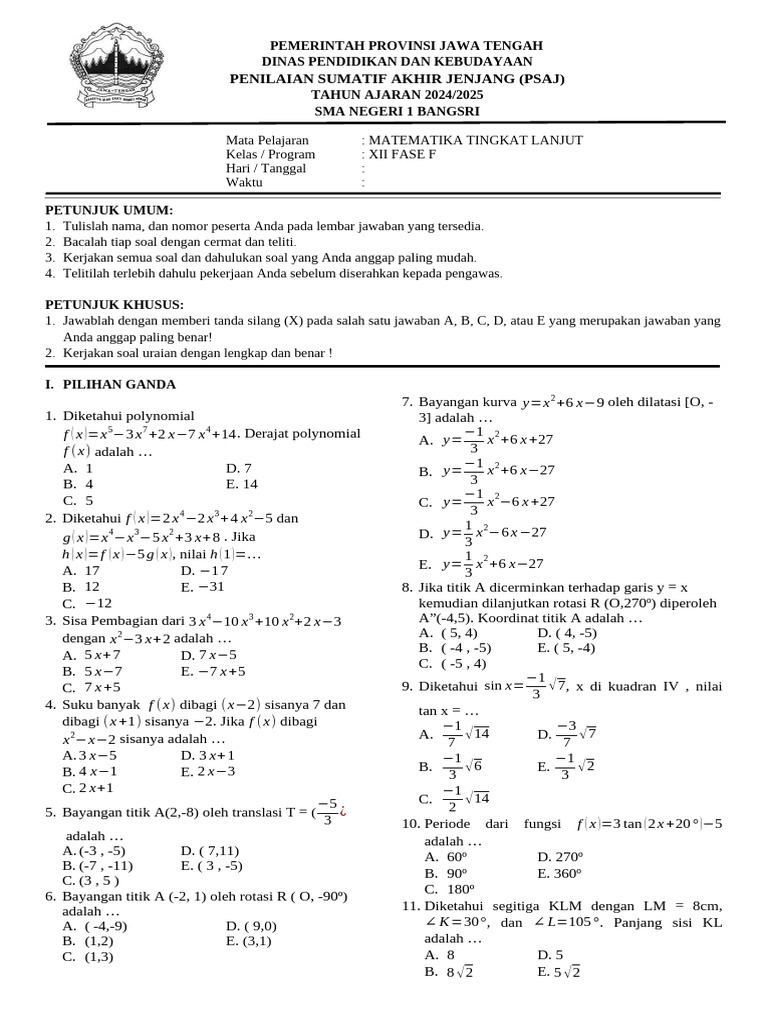 Soal Utama Psaj + Kunci Matematika TL Xii 2425 | PDF