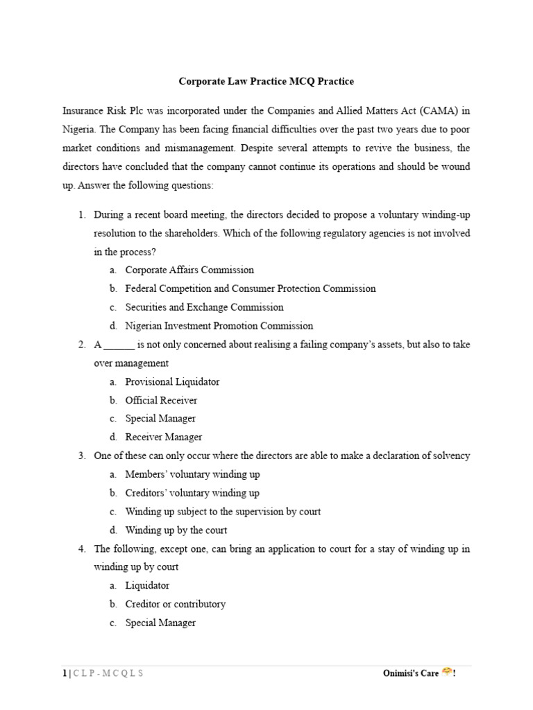 Corporate Law Practice MCQ Practice | PDF | Liquidation | Business Law