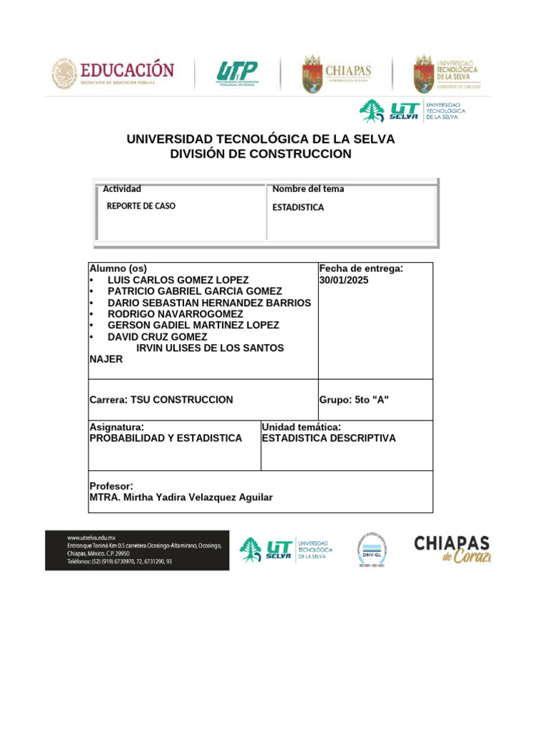 U1 - Pye - 5a - Reporte - Equipo 1 | PDF | Estadísticas descriptivas | Análisis matemático