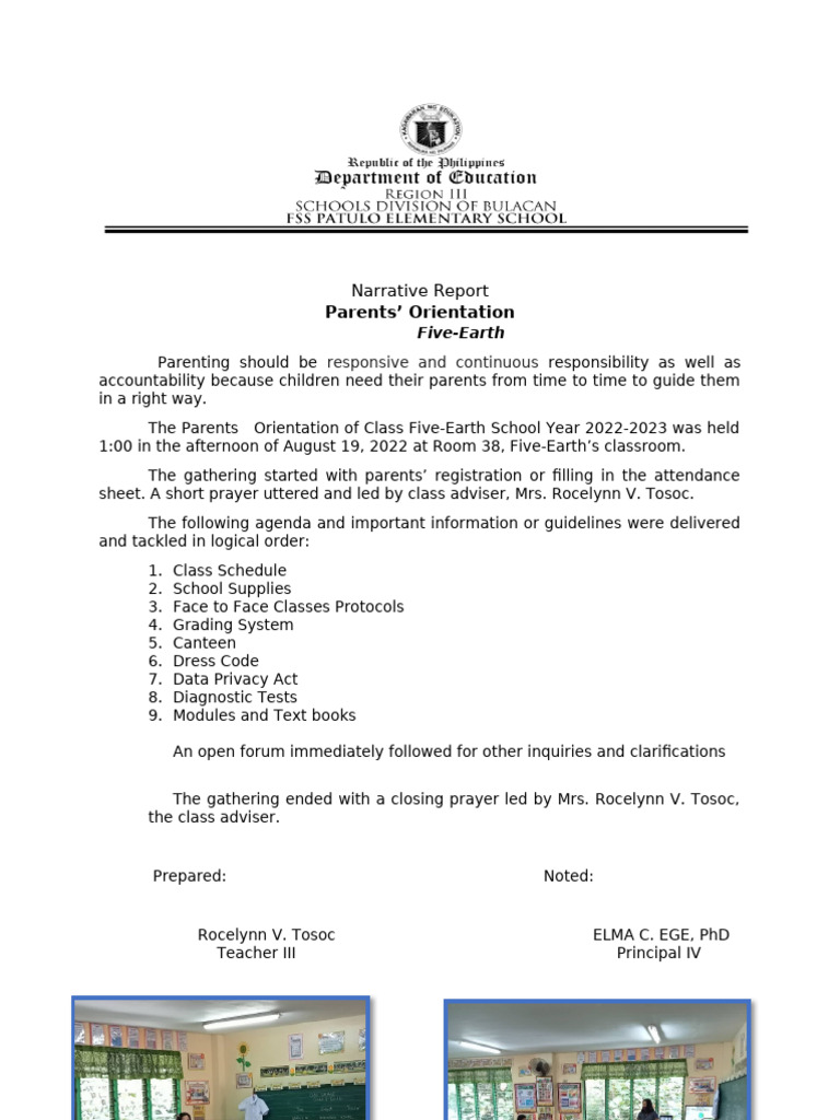 5-Earth Parents Orientation Narrative Report | PDF