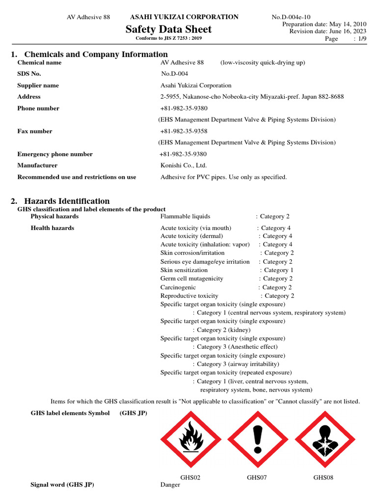 AV Adhesive 88 Safety Data Sheet | PDF | Toxicity | Dangerous Goods