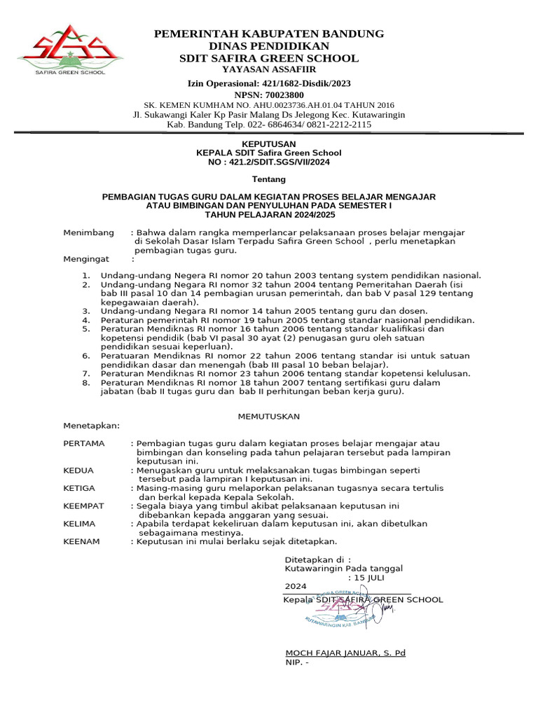 SK PEMBAGIAN TUGAS SDIT SAFIRA GREEN SCHOOL TA 2024-2025 | PDF