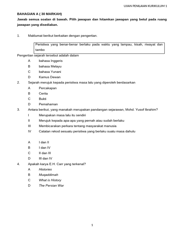 Ujian 1 Sejarah Tingkatan 1 2023 | PDF