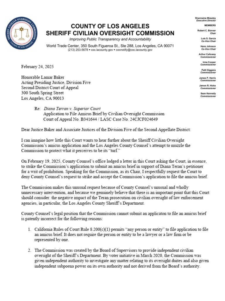COC Chair Robert Bonner LTR (2!24!25) To Court of Appeal Re Amicus ...