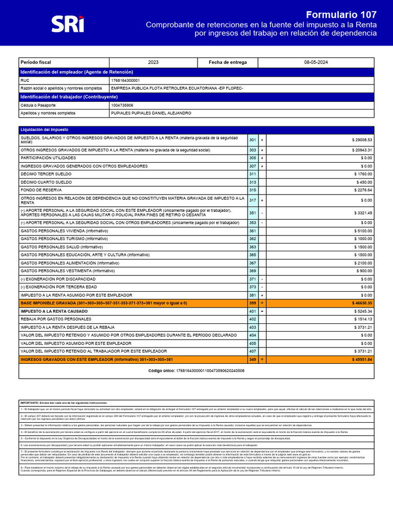 FORMULARIO 107 | PDF | Impuestos | Impuesto sobre la renta