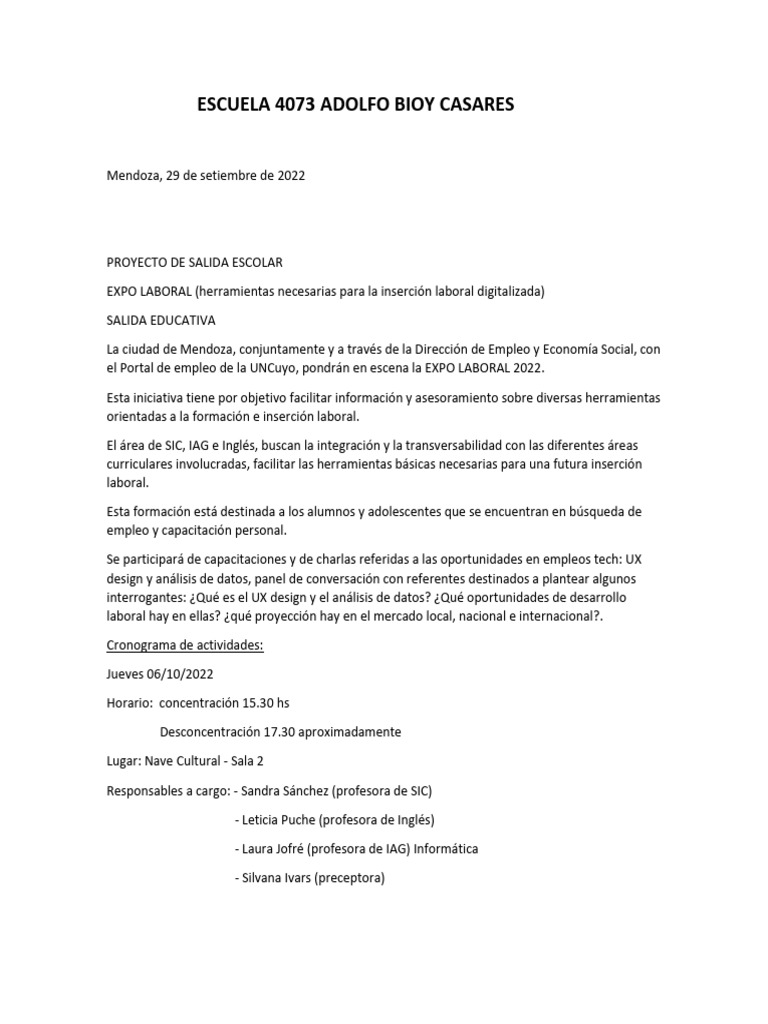 Proyecto de Salida Escolar Bioy 2022 | PDF