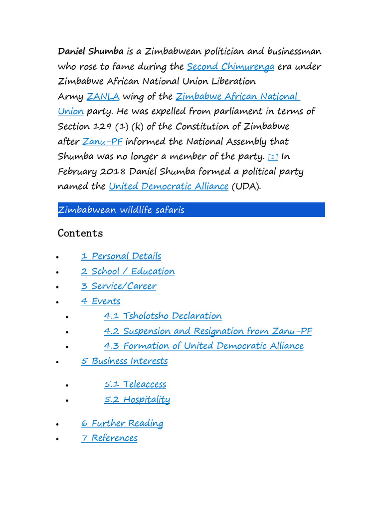 Daniel Shumba: Politician and Entrepreneur | PDF | Politics Of Zimbabwe ...
