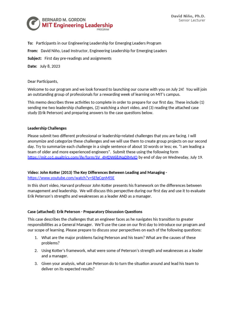 Pre-Reads - MIT Engineering Leadership Program July 2023 | PDF ...