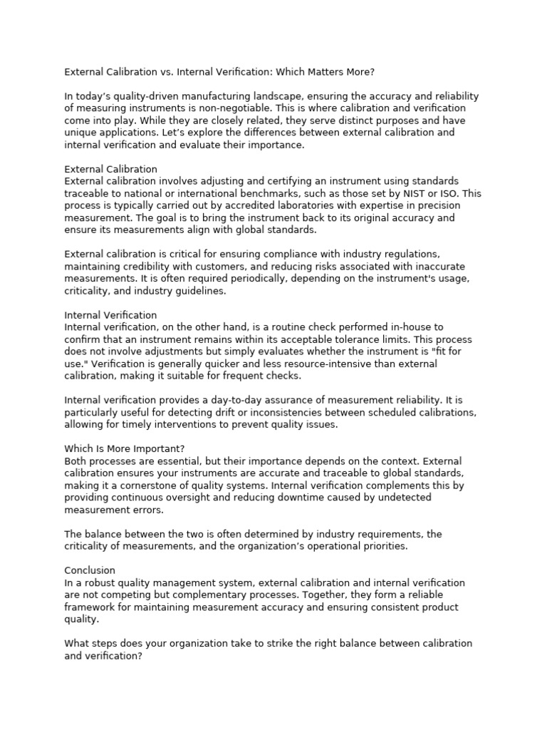 External Calibration vs. Internal Verification | PDF | Calibration ...