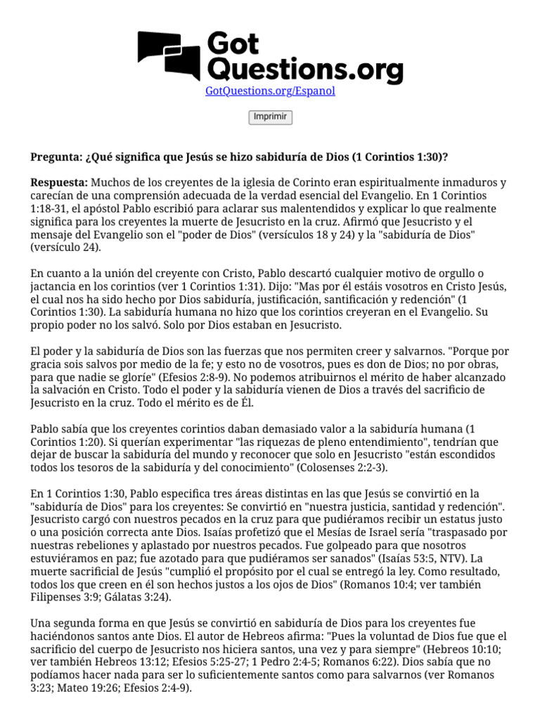 ¿Qué Significa Que Jesús Se Hizo Sabiduría de Dios (1 Corintios 1_30)_ - Para Imprimir | PDF ...