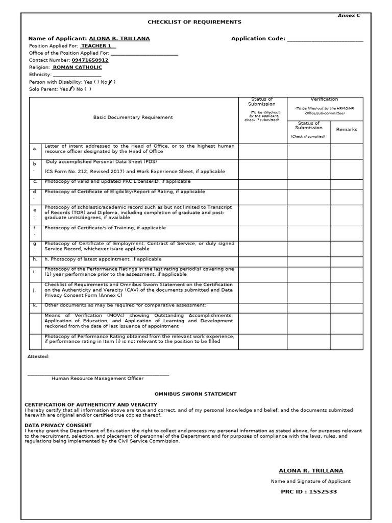 ANNEX C Checklist of Requirements and Omnibus Sworn Statement | PDF | Authentication