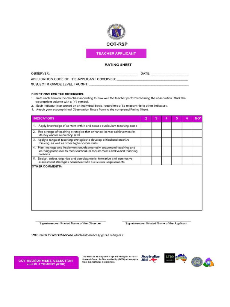 COT Rating Sheet | PDF