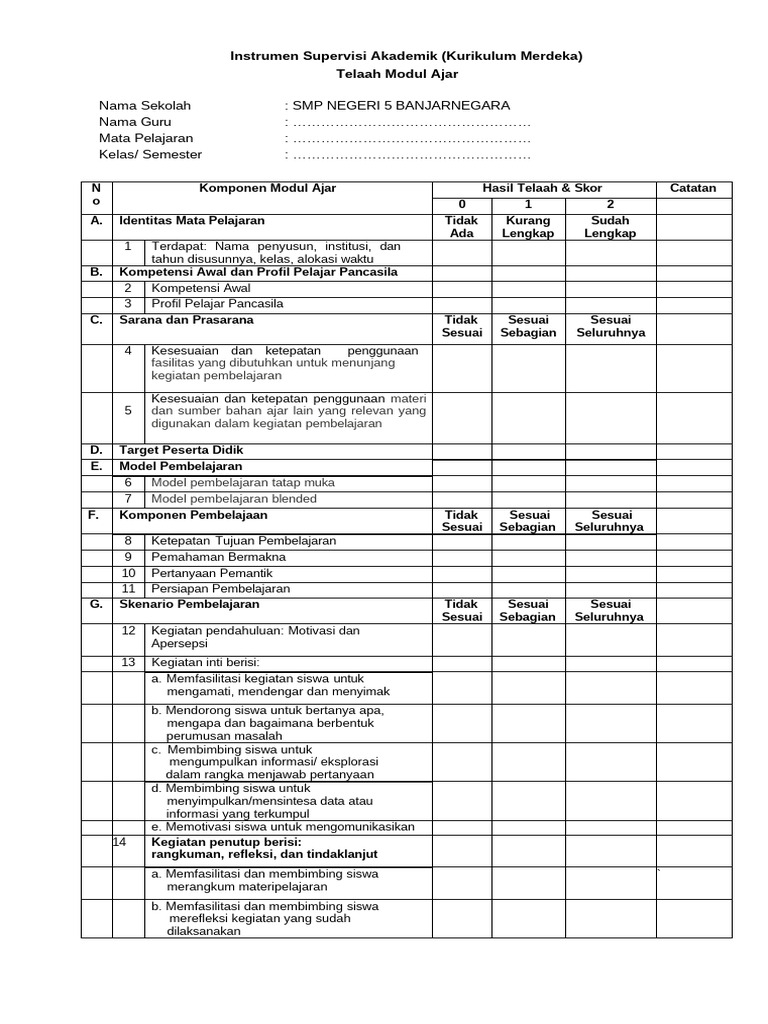 INSTRUMEN SUPERVISI PENELAAHAN MODUL AJAR | PDF