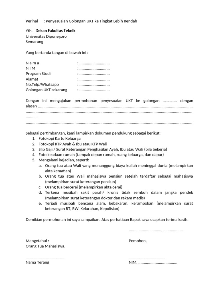 Surat Permohonan Penyesuaian Ukt | PDF