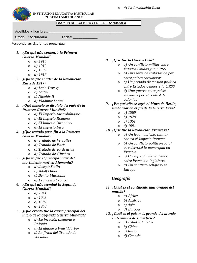 Examen de Cultura General Secundaria | PDF | Segunda Guerra Mundial