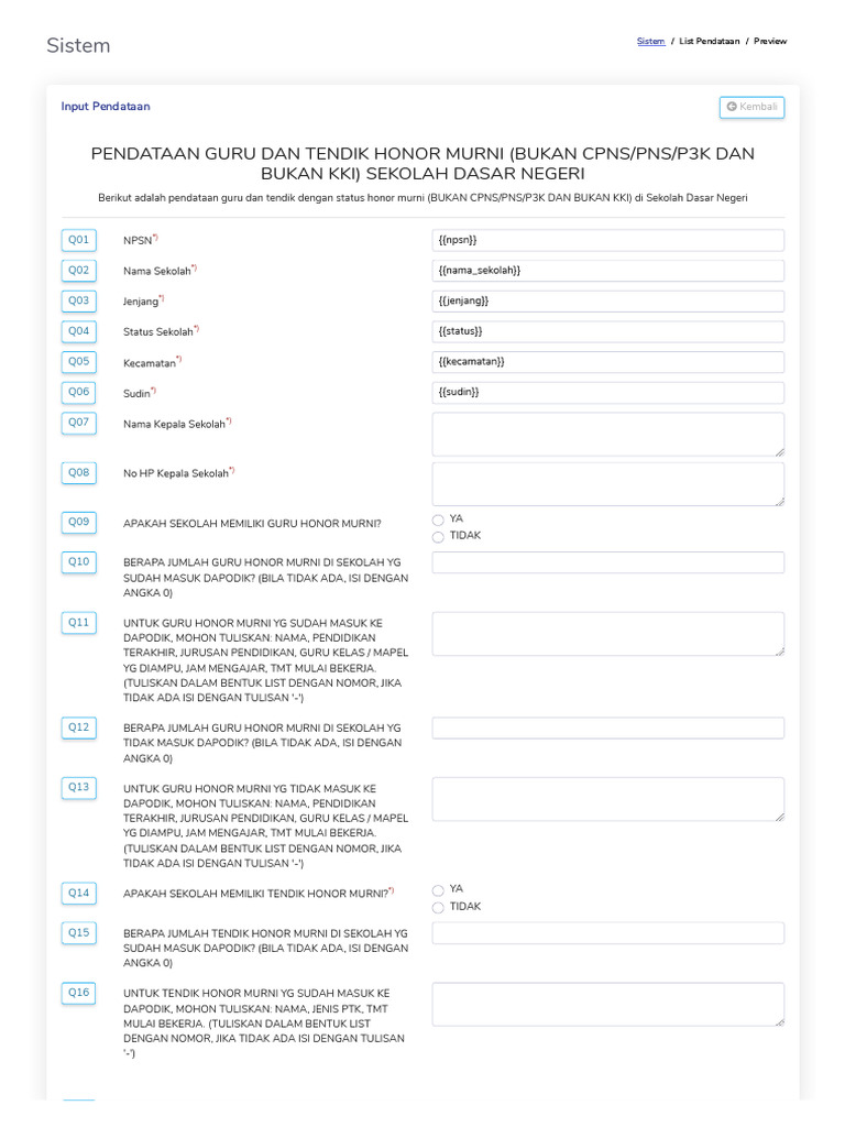 Pendataan Guru Dan Tendik Honor Murni (Bukan CPNS PNS P3K Dan Bukan Kki) Sekolah Dasar Negeri | PDF