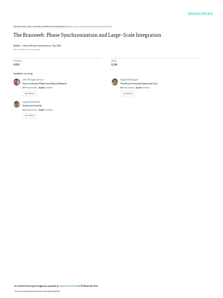 The Brainweb. Phase Synchronization and Large-Scale Integration | PDF | Neural Oscillation ...