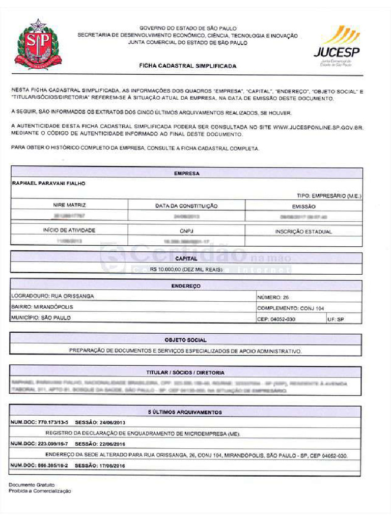 Ficha Cadastral Simplificada Da Empresa Juces | PDF
