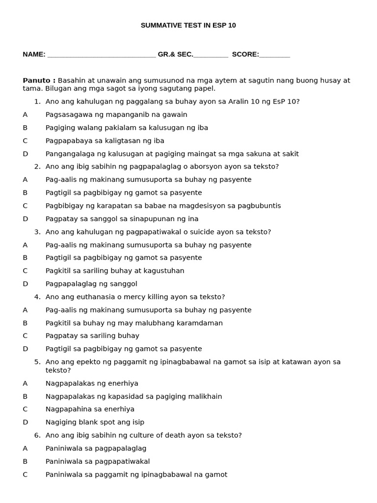 Summative Test in Esp 10 | PDF