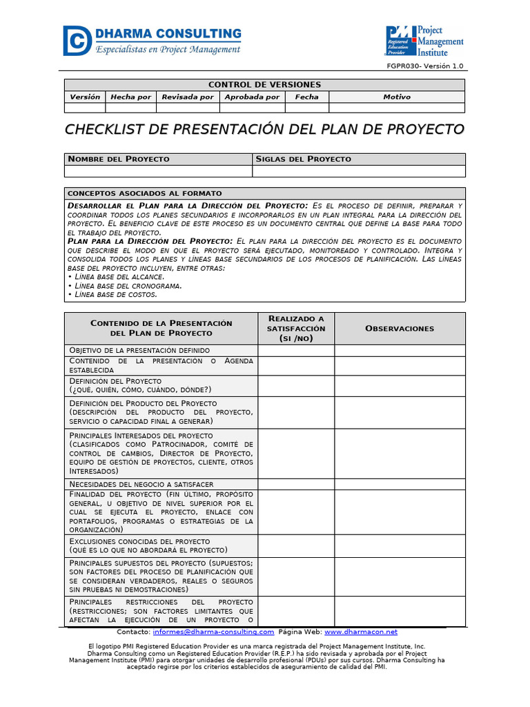 FGPR - 030 - 05 - Checklist de Presentación Del Plan de Proyecto | PDF ...