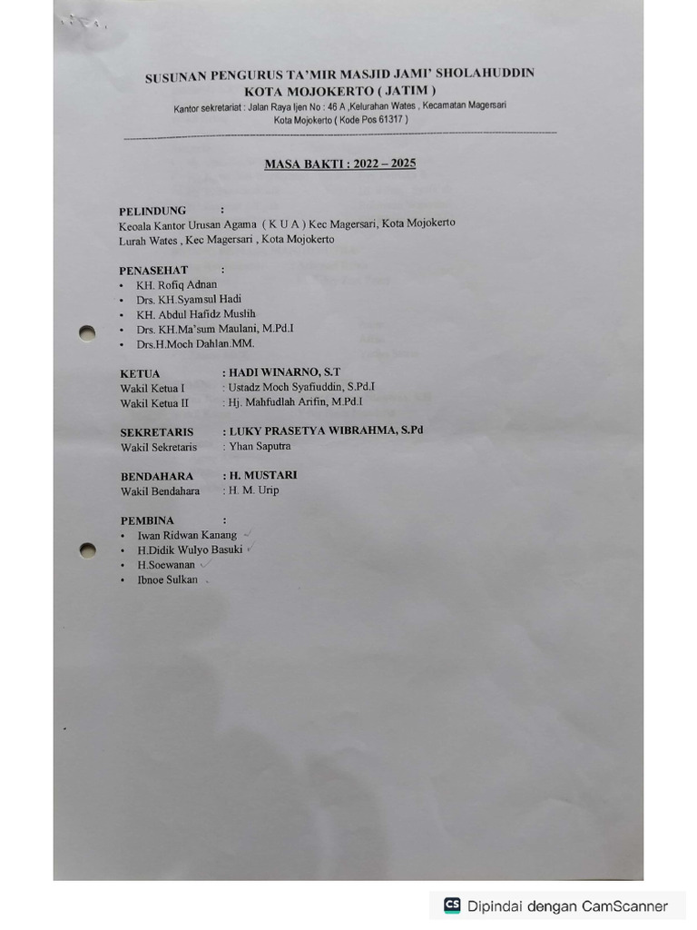 Susunan Pengurus Ta'mir Masjid Sholahudin 2022-2025 | PDF