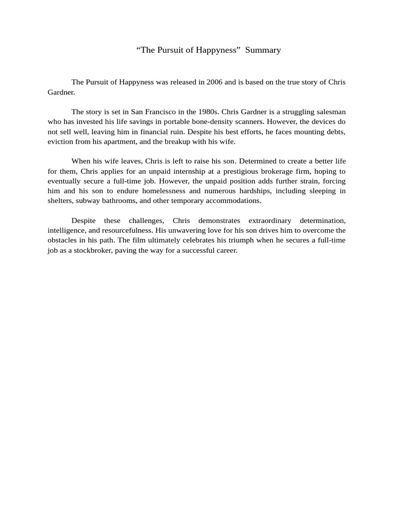 Pursuit of Happyness: A True Story Summary | PDF