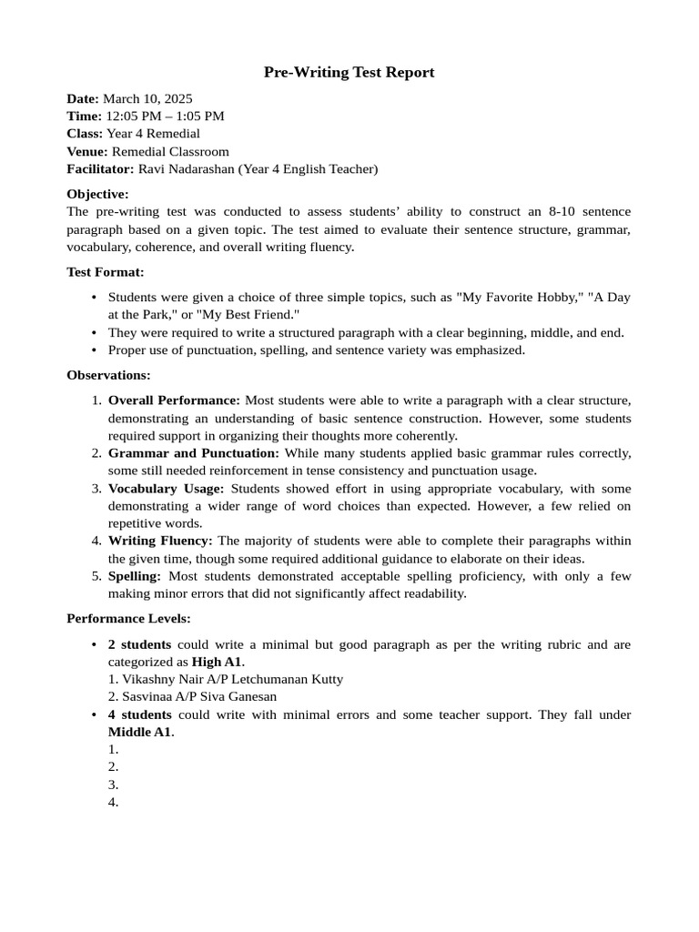 Pre Test Report | PDF | Vocabulary | Fluency