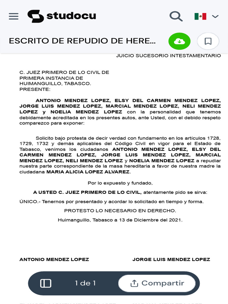 Repudio De Herencia En Tabasco Pdf