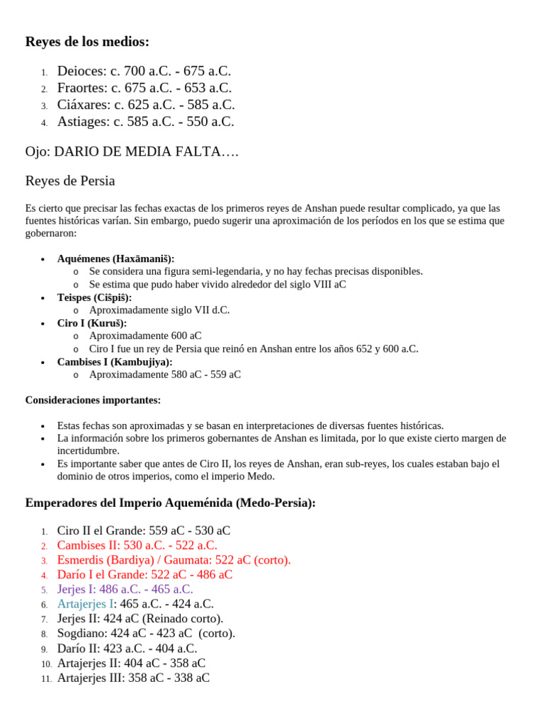 Reyes de Media y Persia: Cronología | PDF | Imperio aqueménida | Ciro el Grande