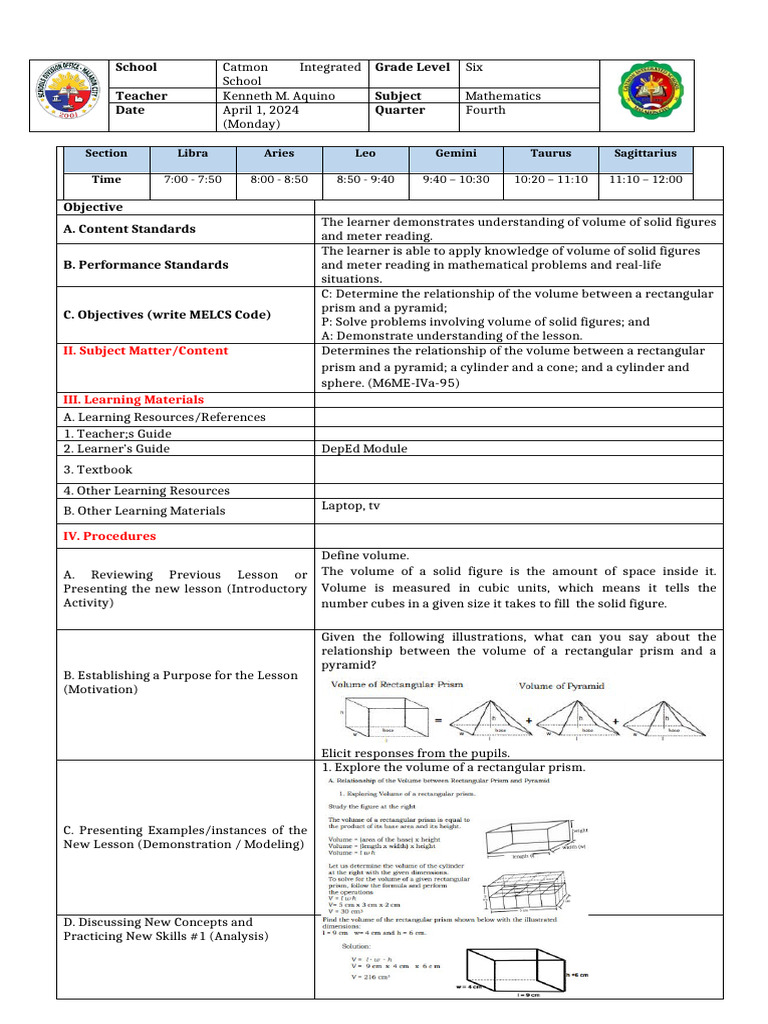DLP Math 6 (Apr. 1, 2024) - Relationship of Volume of Rectangular Prism and Pyramid | PDF ...