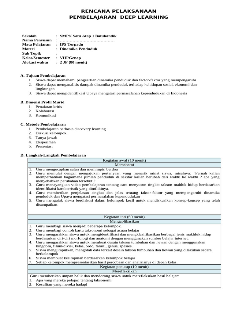 RPP DEEP LEARNING - IPA 7 Membuat Taksonomi Tumbuhan Dan Hewan | PDF