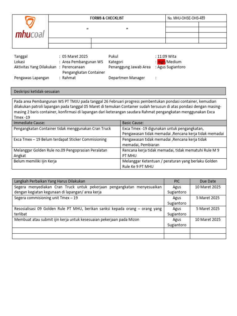 Tindakan Perbaikan Pengangkatan Container | PDF
