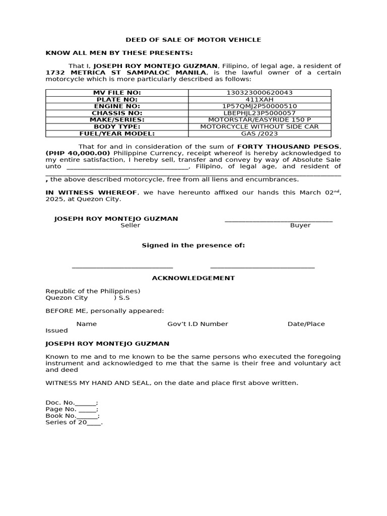 Deed of Sale of Motor Vehicle Joseph Roy Montejo Guzman | PDF